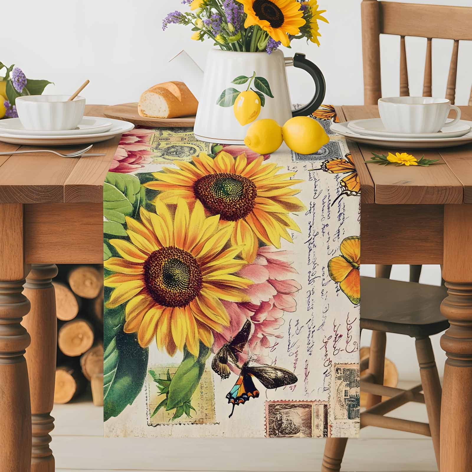 Burlap Table Runner 70 Inches Long, Vintage Blossom Sunflower on ...