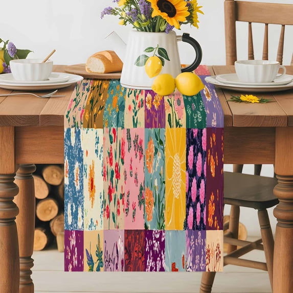 Burlap Table Runner 70 Inches Long, Vintage Colorful Spring Flower Non ...