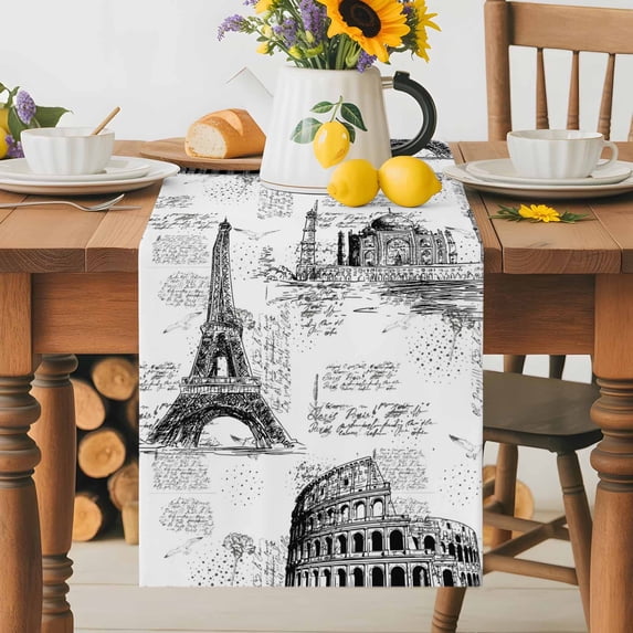Burlap Table Runner 70 Inches Long, Vintage European Landmarks Non-Slip ...