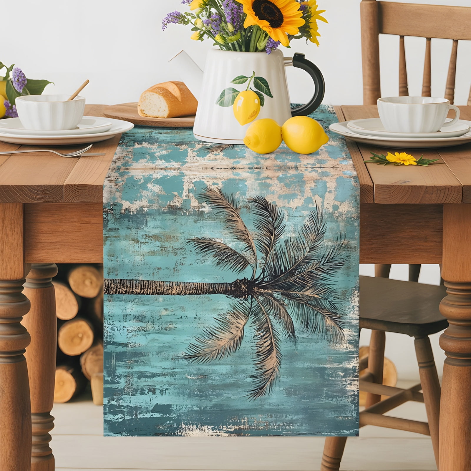 Burlap Table Runner 70 Inches Long, Vintage Tropical Coconut Tree Non ...