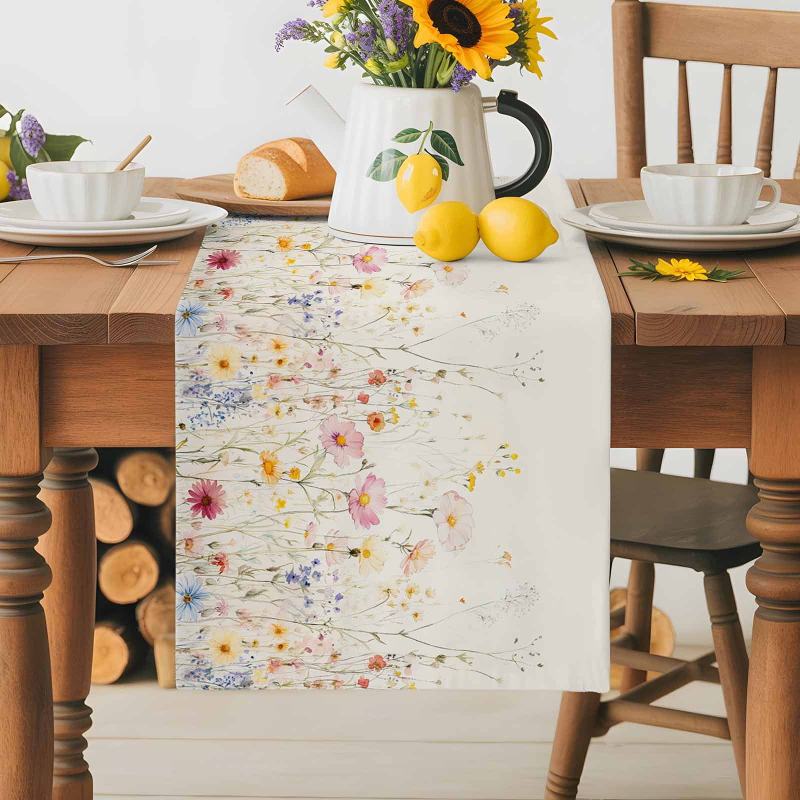 Burlap Table Runner 70 Inches Long, Vintage Watercolor Garden Flower ...
