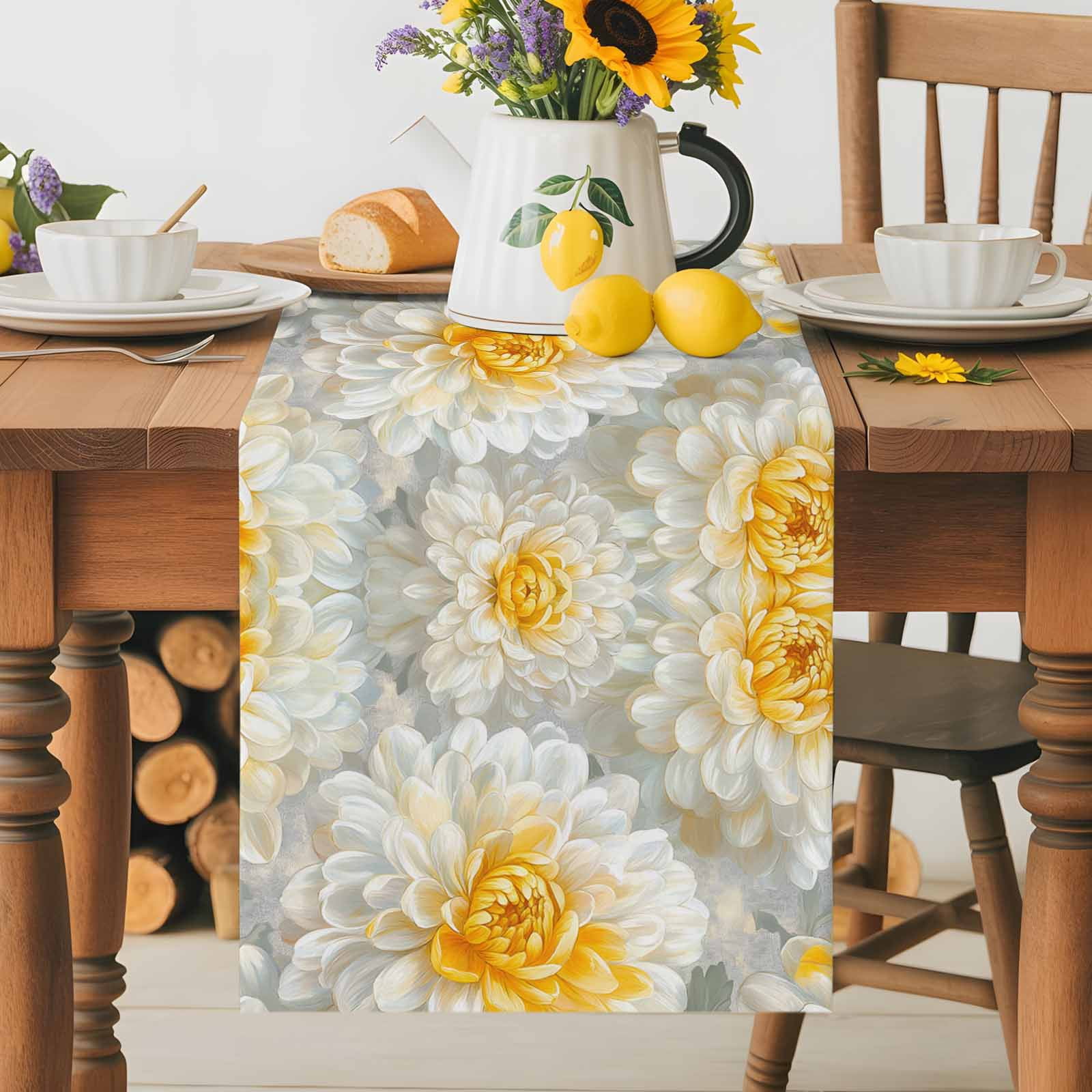 Burlap Table Runner 70 Inches Long, Watercolor Blossom Chrysanthemum ...