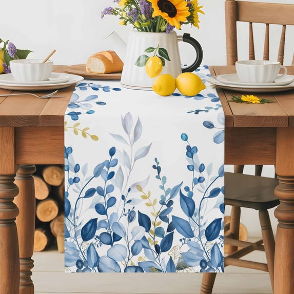 Burlap Table Runner 70 Inches Long, Watercolor Blue Eucalyptus Leaf Non ...