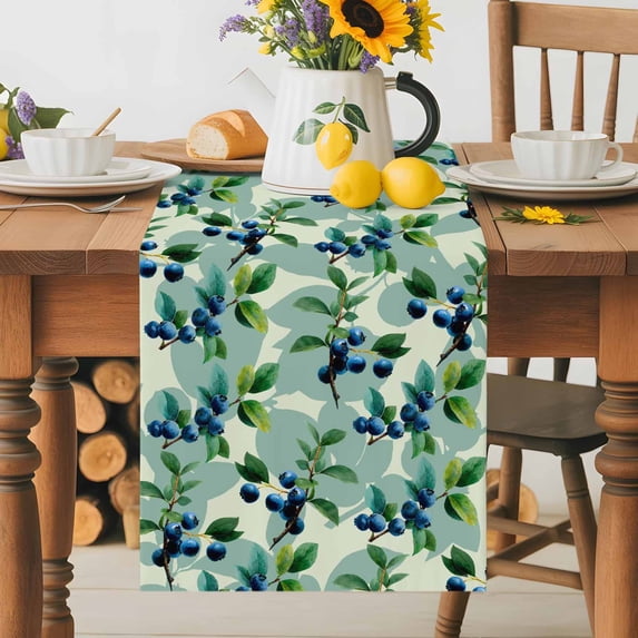Burlap Table Runner 70 Inches Long, Watercolor Blueberries Green Leaves ...