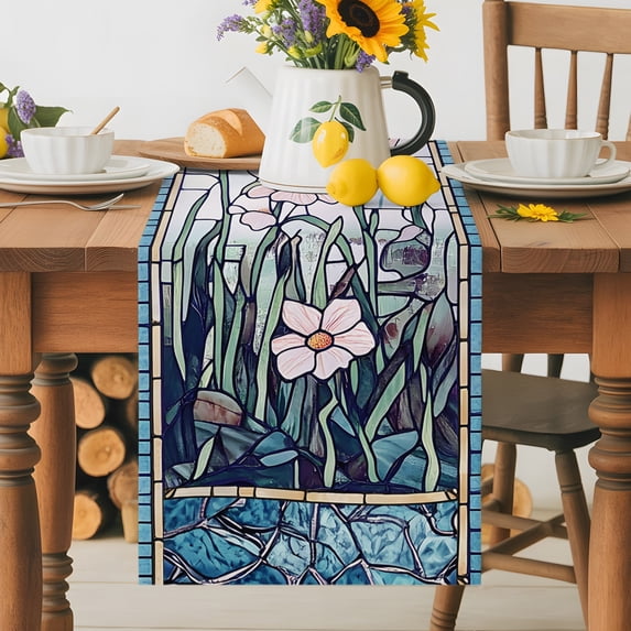 Burlap Table Runner 70 Inches Long, Watercolor Garden Flower Leaves Non ...