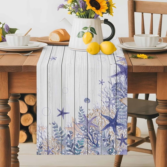Burlap Table Runner 70 Inches Long, Watercolor Marine Life on Wood ...
