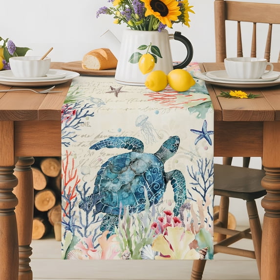 Burlap Table Runner 70 Inches Long, Watercolor Marine Sea Turtle Non ...