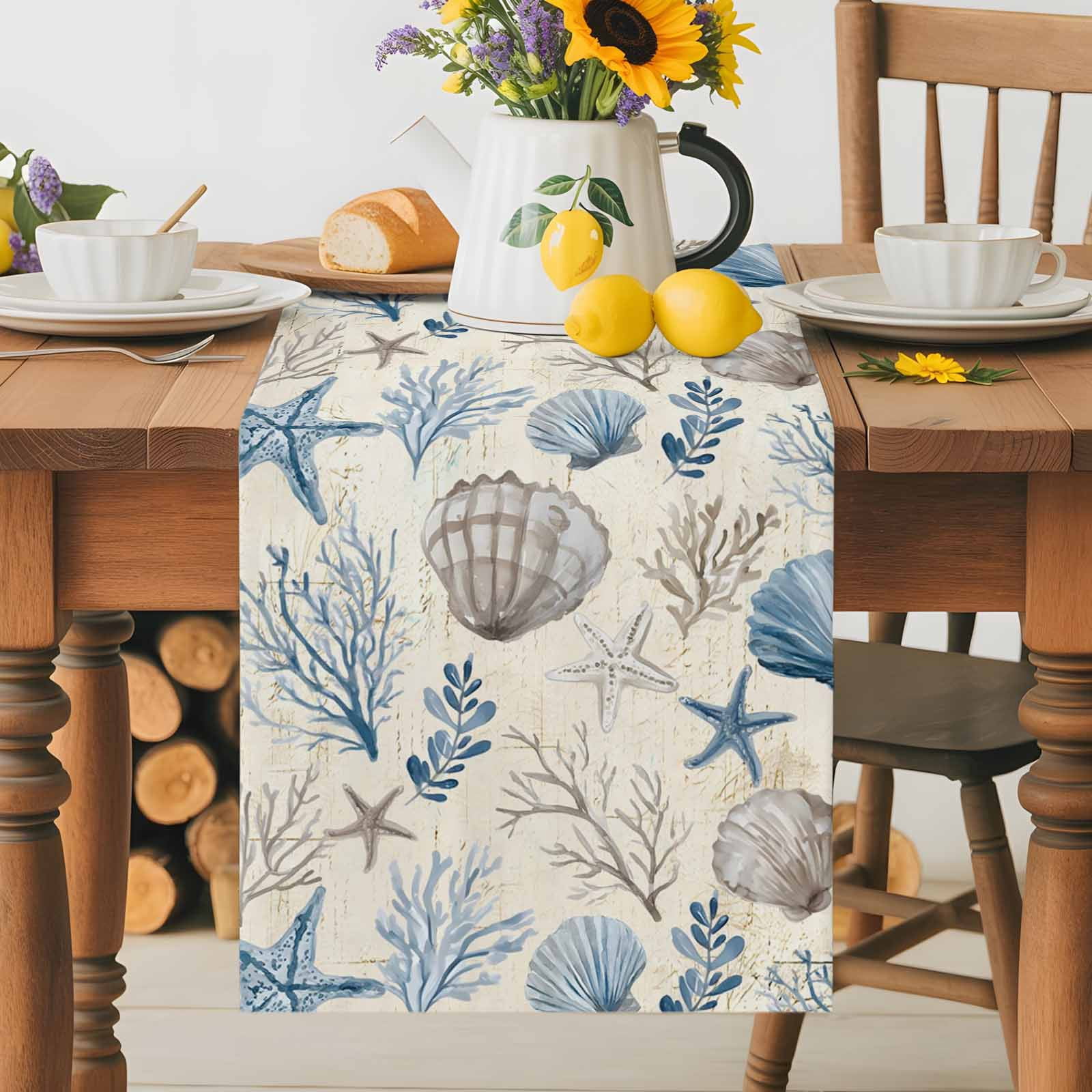 Burlap Table Runner 70 Inches Long, Watercolor Ocean Shell Coral ...