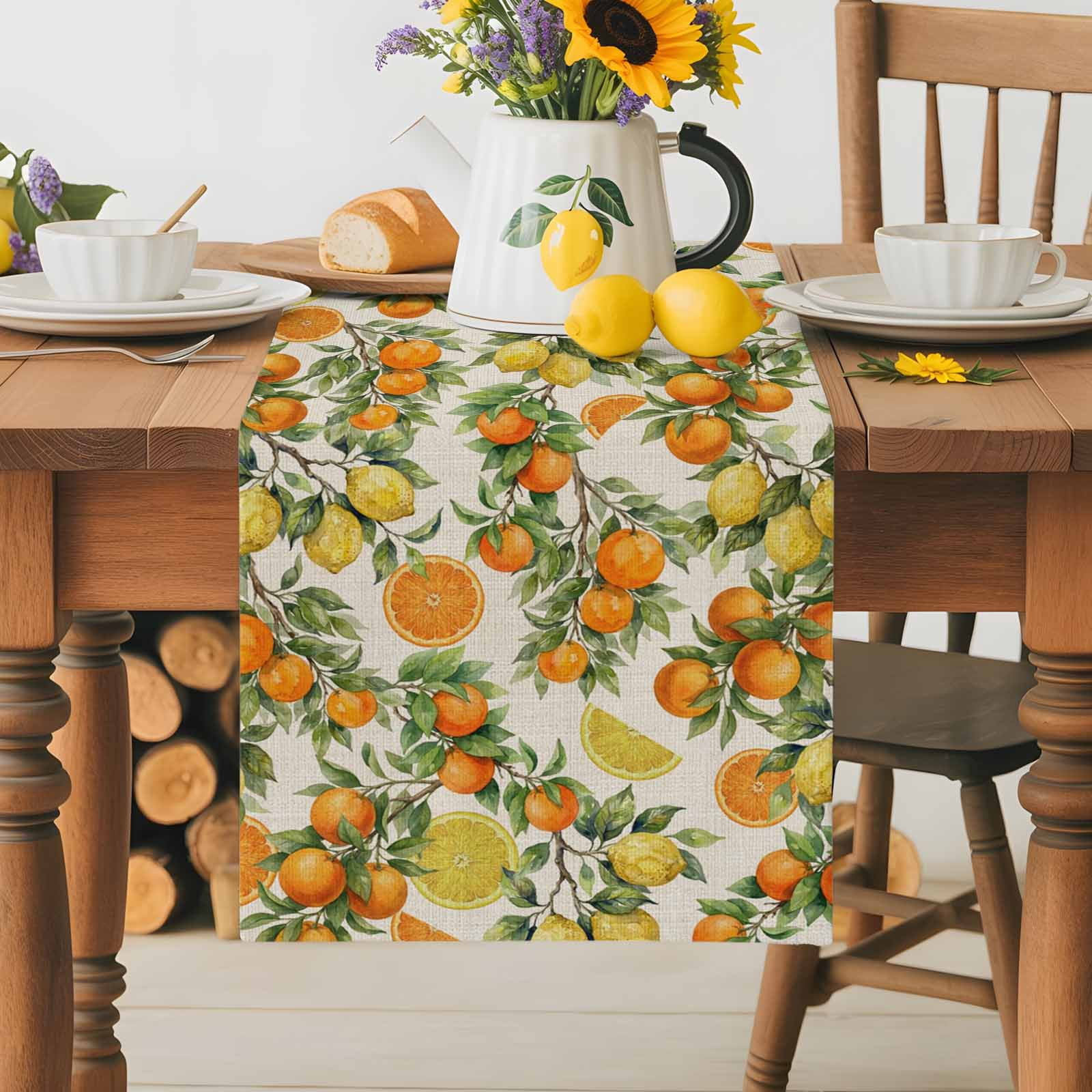 Burlap Table Runner 70 Inches Long,Watercolor Oranges Lemons Leaves Non ...