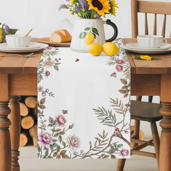 Burlap Table Runner 70 Inches Long, Watercolor Pastoral Flower Leaf Non ...