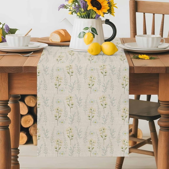 Burlap Table Runner 70 Inches Long, Watercolor Pastoral Flowers Non ...