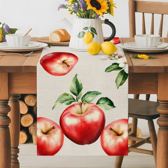 Burlap Table Runner 70 Inches Long, Watercolor Red Apples Fruit Leaves ...