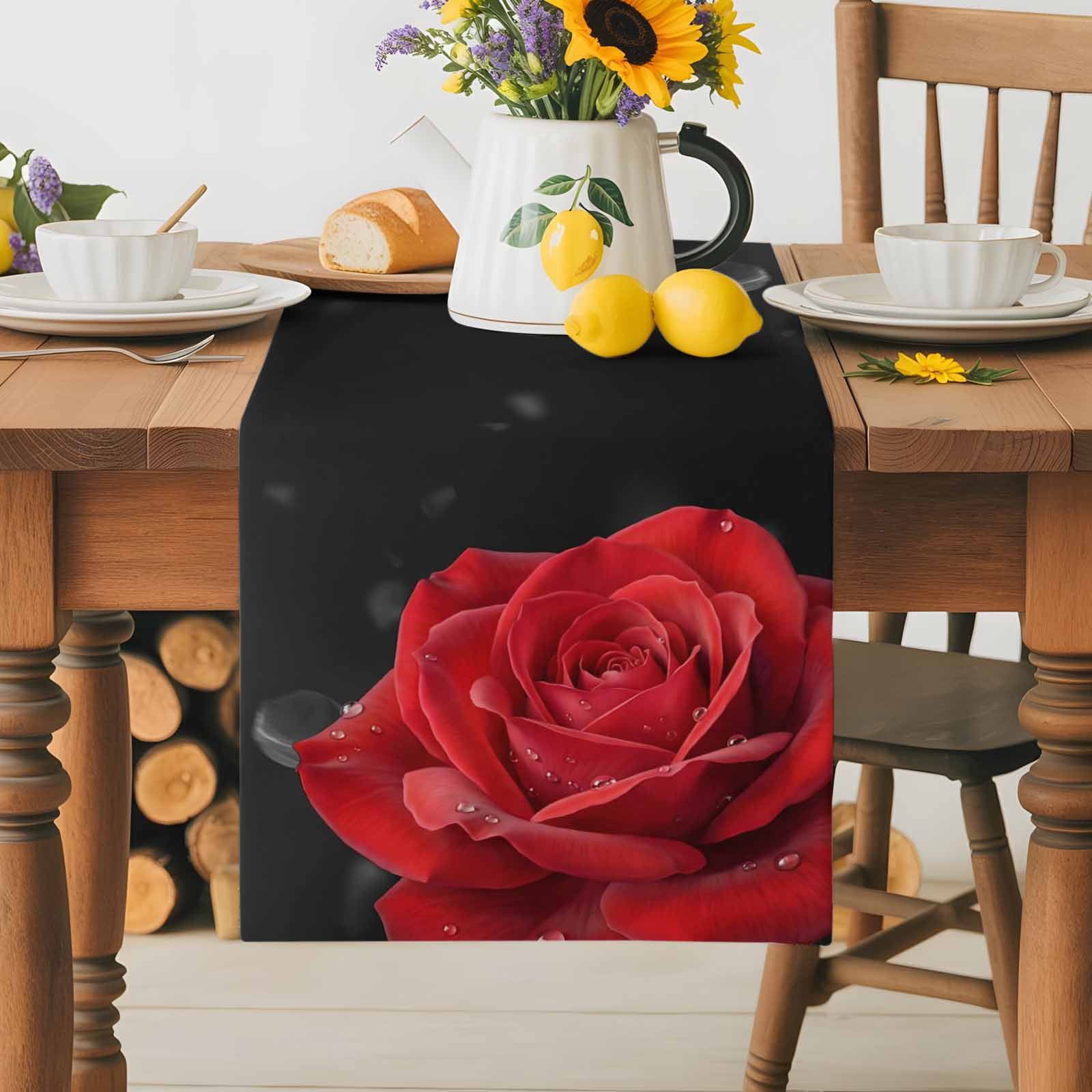 Burlap Table Runner 70 Inches Long,Watercolor Red Roses on Retro Non ...