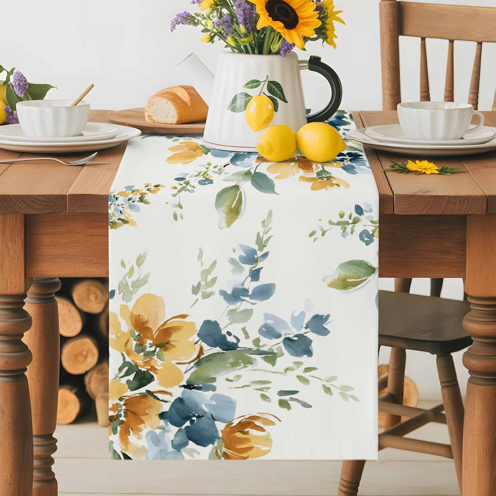 Burlap Table Runner 70 Inches Long, Watercolor Spring Flowers Non-Slip ...