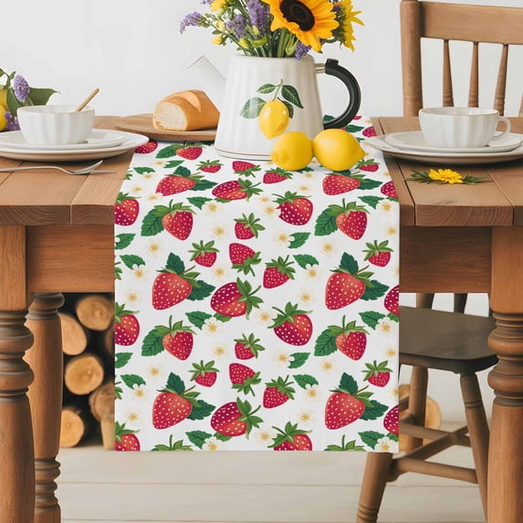 Burlap Table Runner 70 Inches Long, Watercolor Summer Strawberry Leaves ...