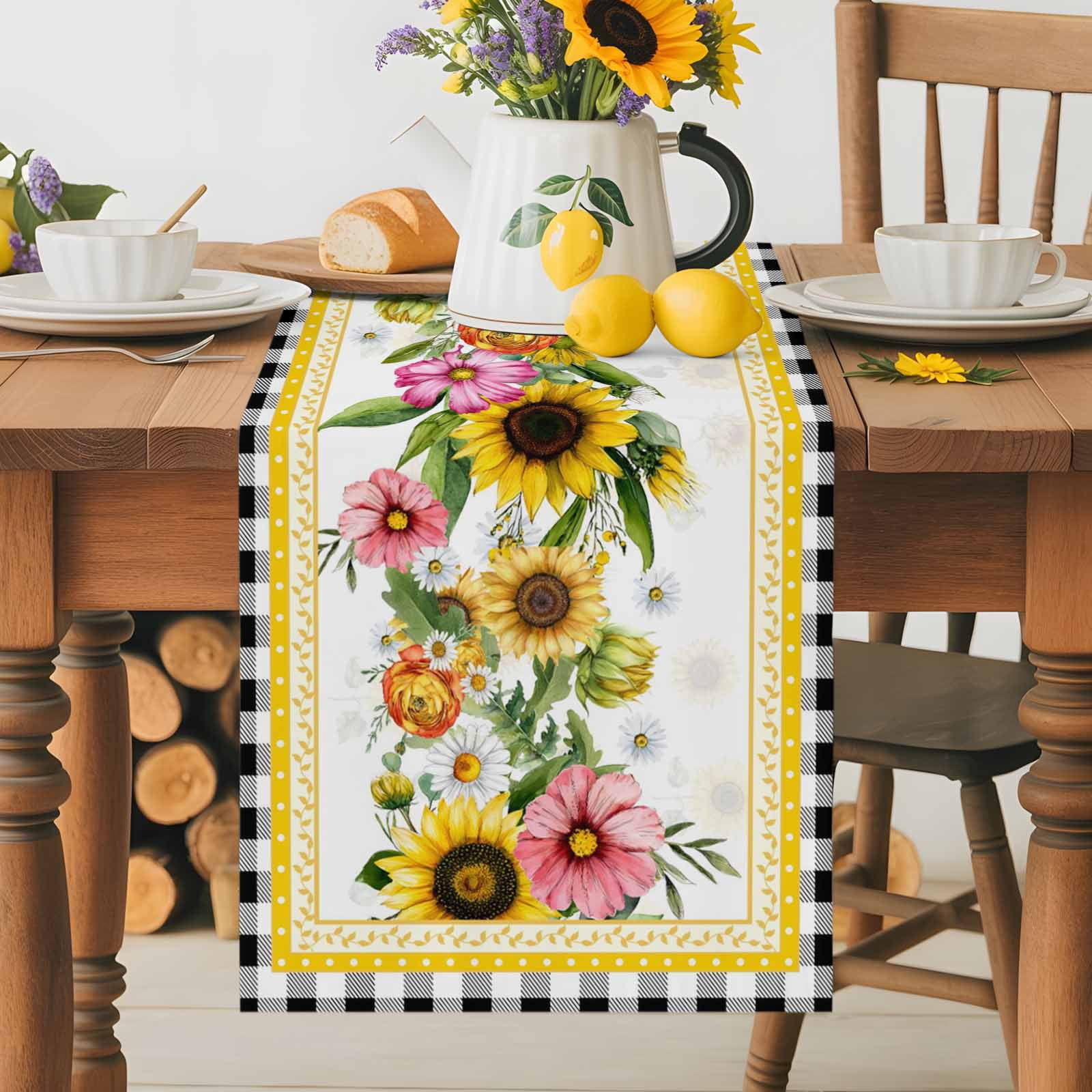 Burlap Table Runner 70 Inches Long, Watercolor Sunflowers Floral Leaves ...