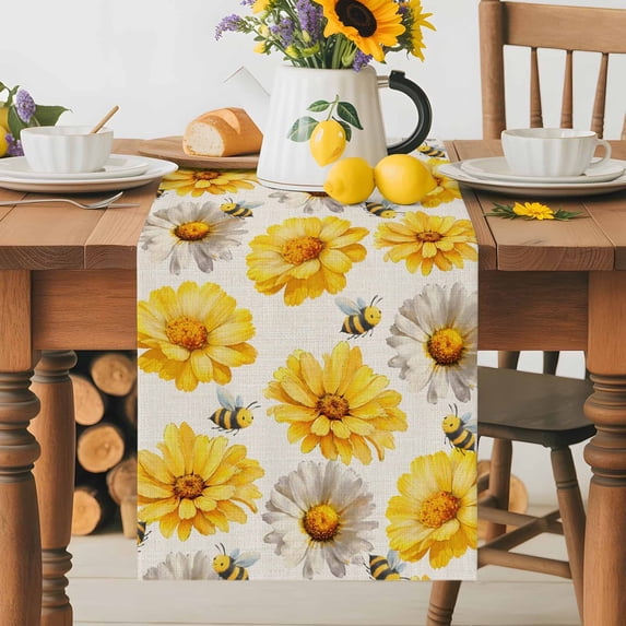Burlap Table Runner 70 Inches Long, Watercolor Yellow White Daisy ...