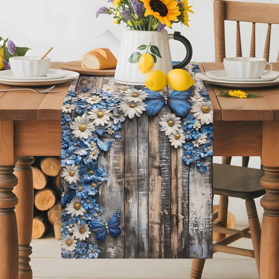 Burlap Table Runner 70 Inches Long, White Blue Flower Butterfly Non ...