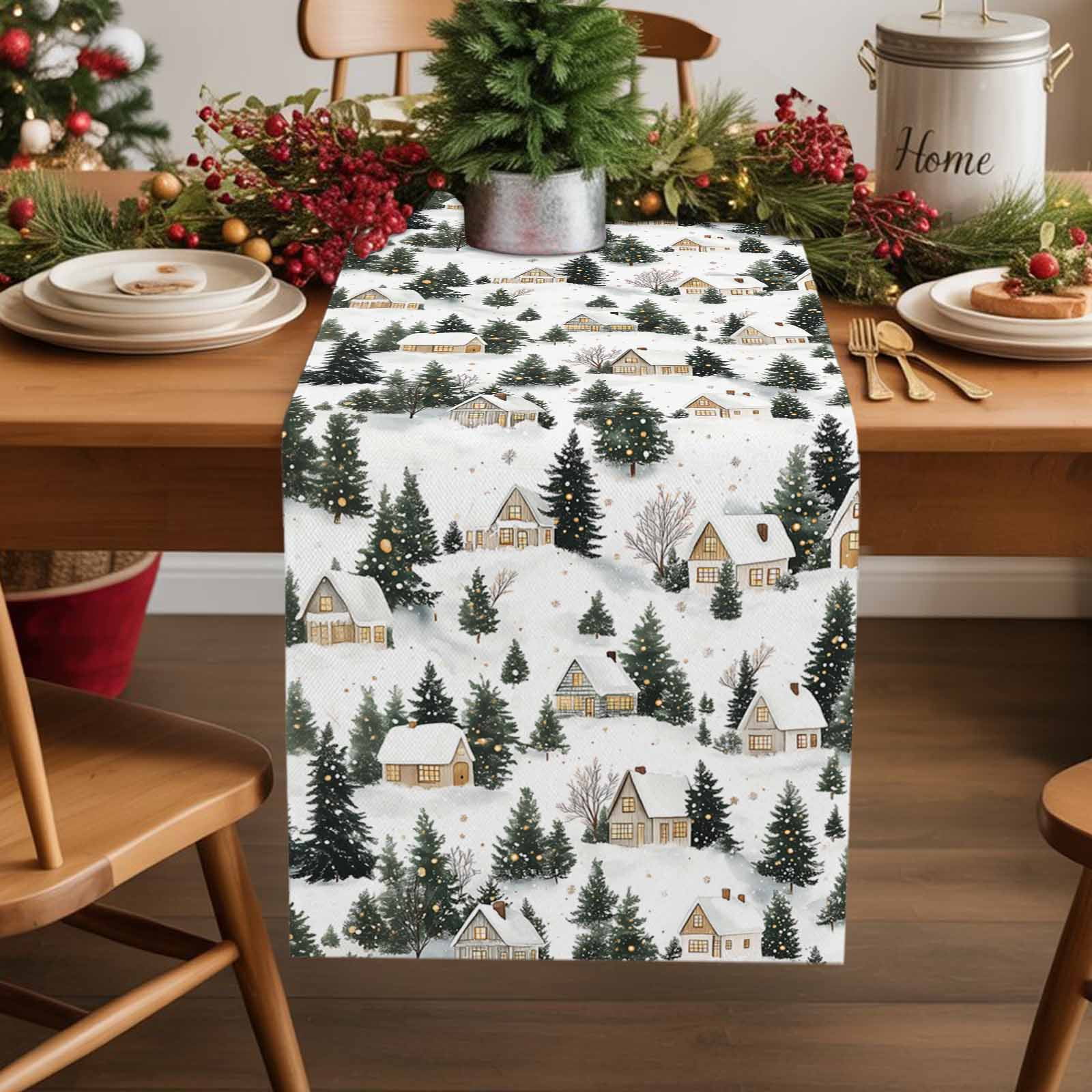 Burlap Table Runner 70 Inches Long,Winter Christmas Seamless Tree ...