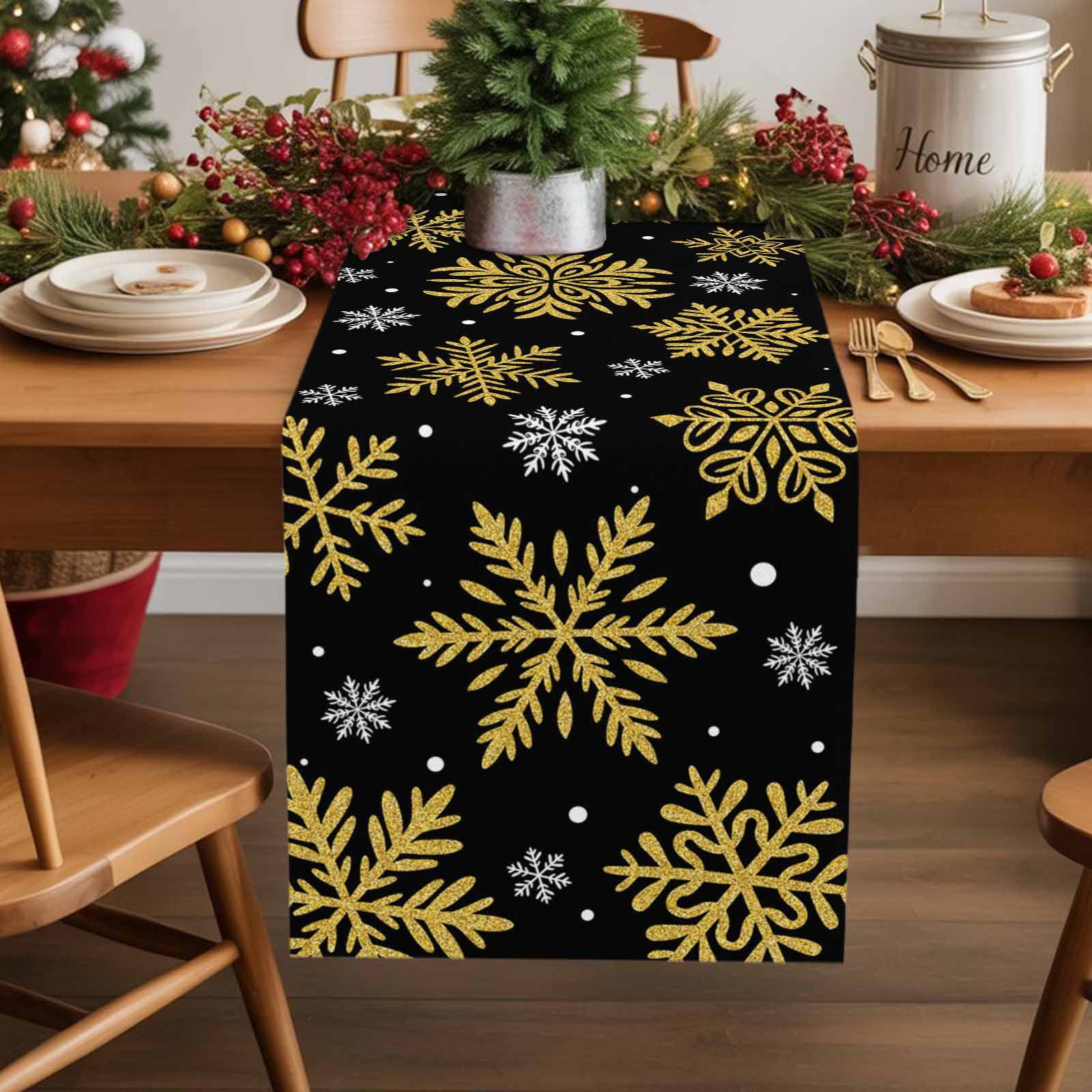 Burlap Table Runner 70 Inches Long,Winter Christmas Snowflake on Black ...