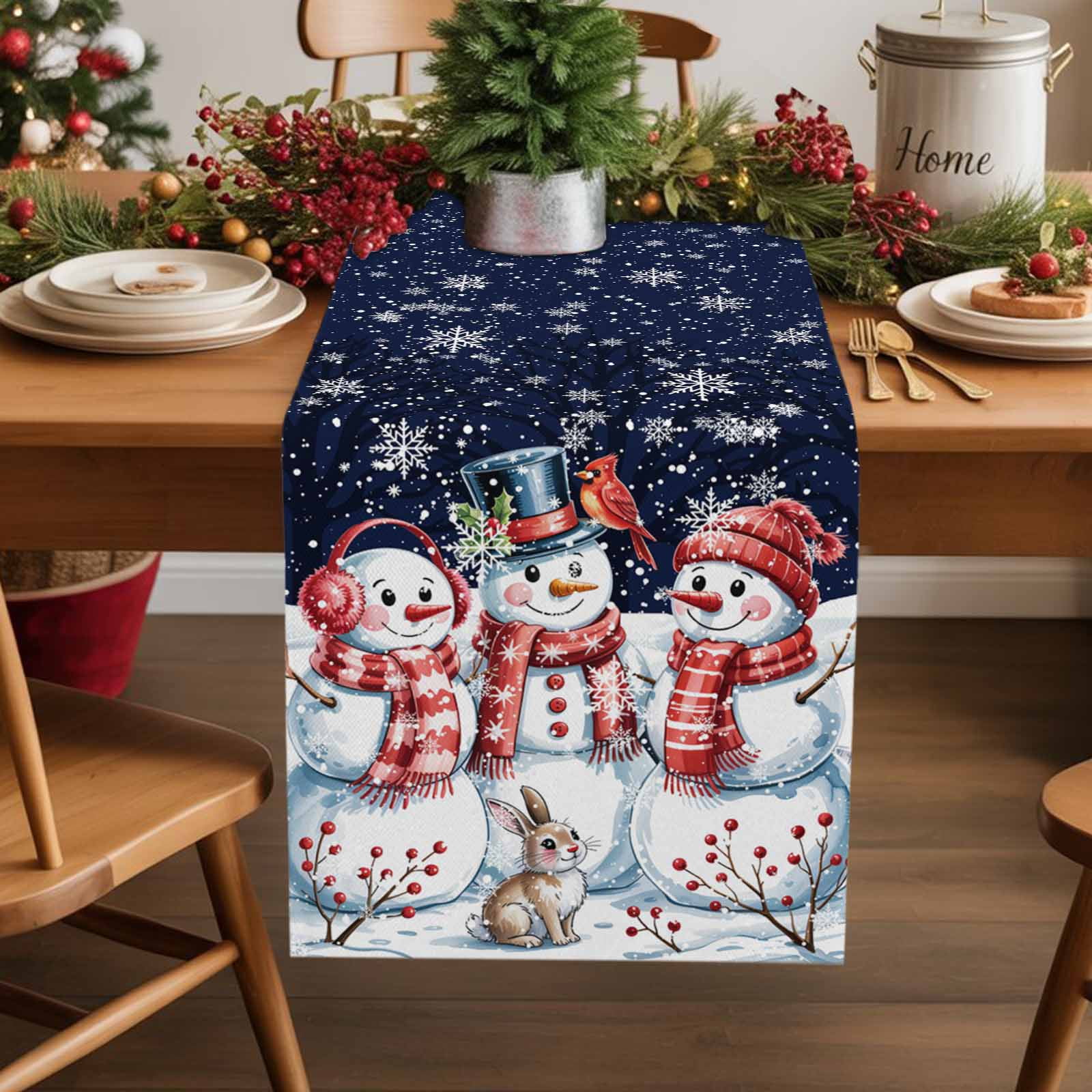 Burlap Table Runner 70 Inches Long,Winter Christmas Snowman Berry Non ...