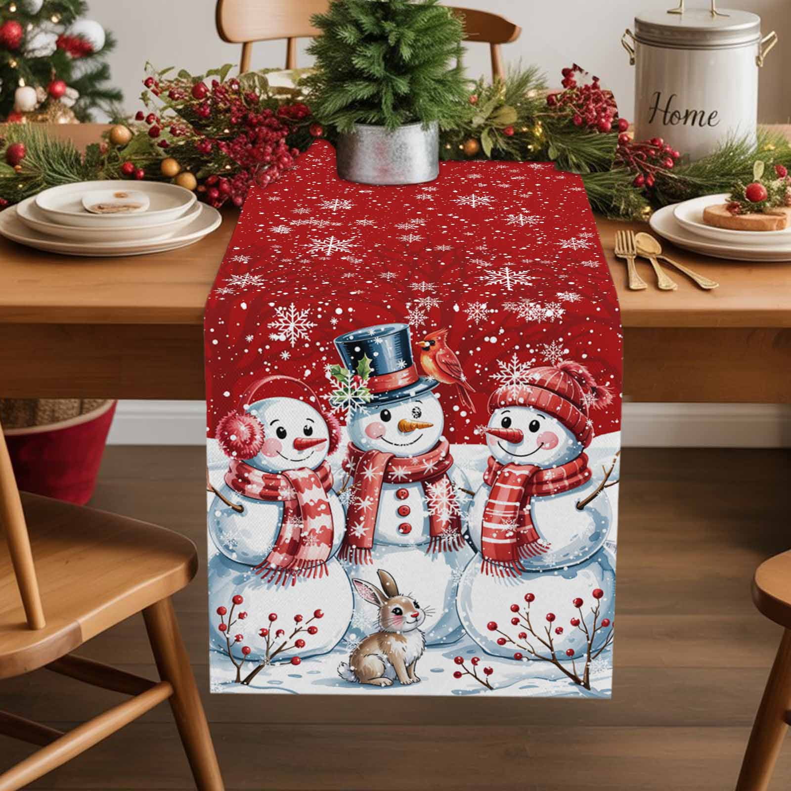 Burlap Table Runner 70 Inches Long,Winter Christmas Snowman Snowflakes ...