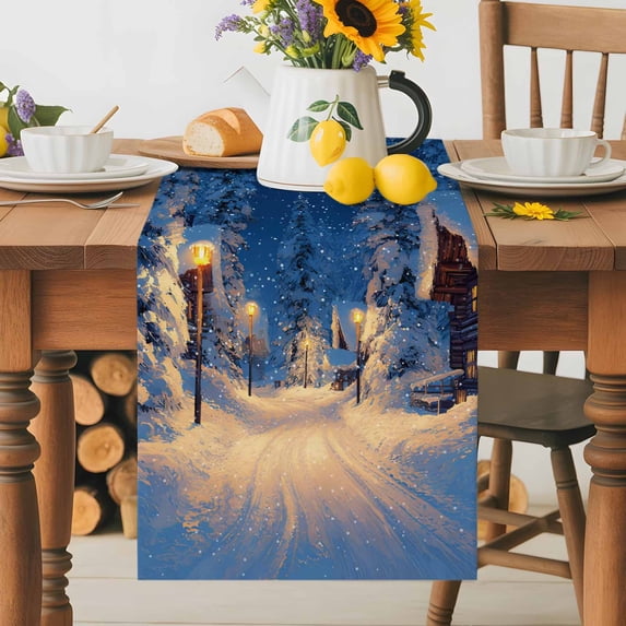 Burlap Table Runner 70 Inches Long, Winter Forest Night Landscape Non ...