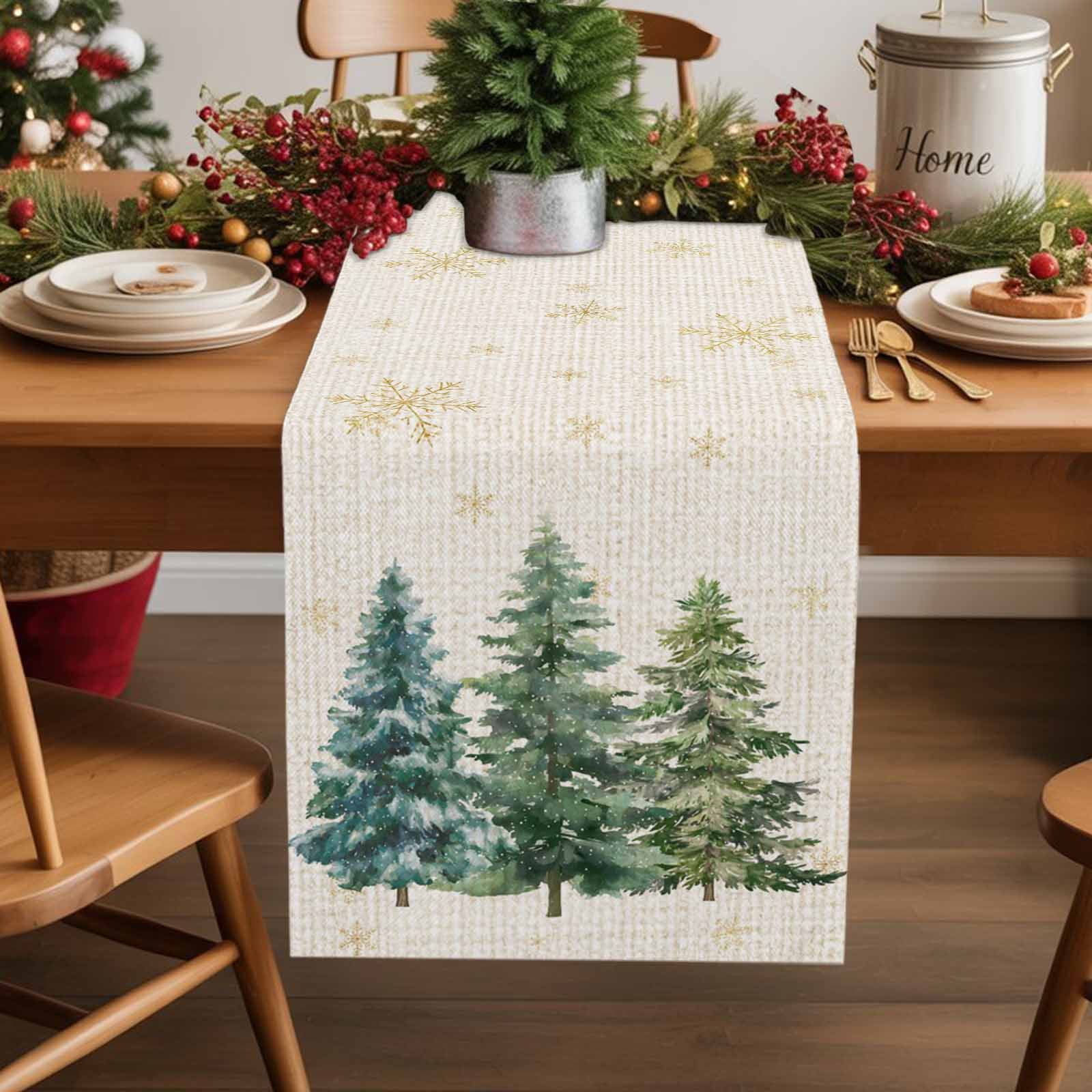 Burlap Table Runner 70 Inches Long,Winter Green Christmas Tree on Linen ...