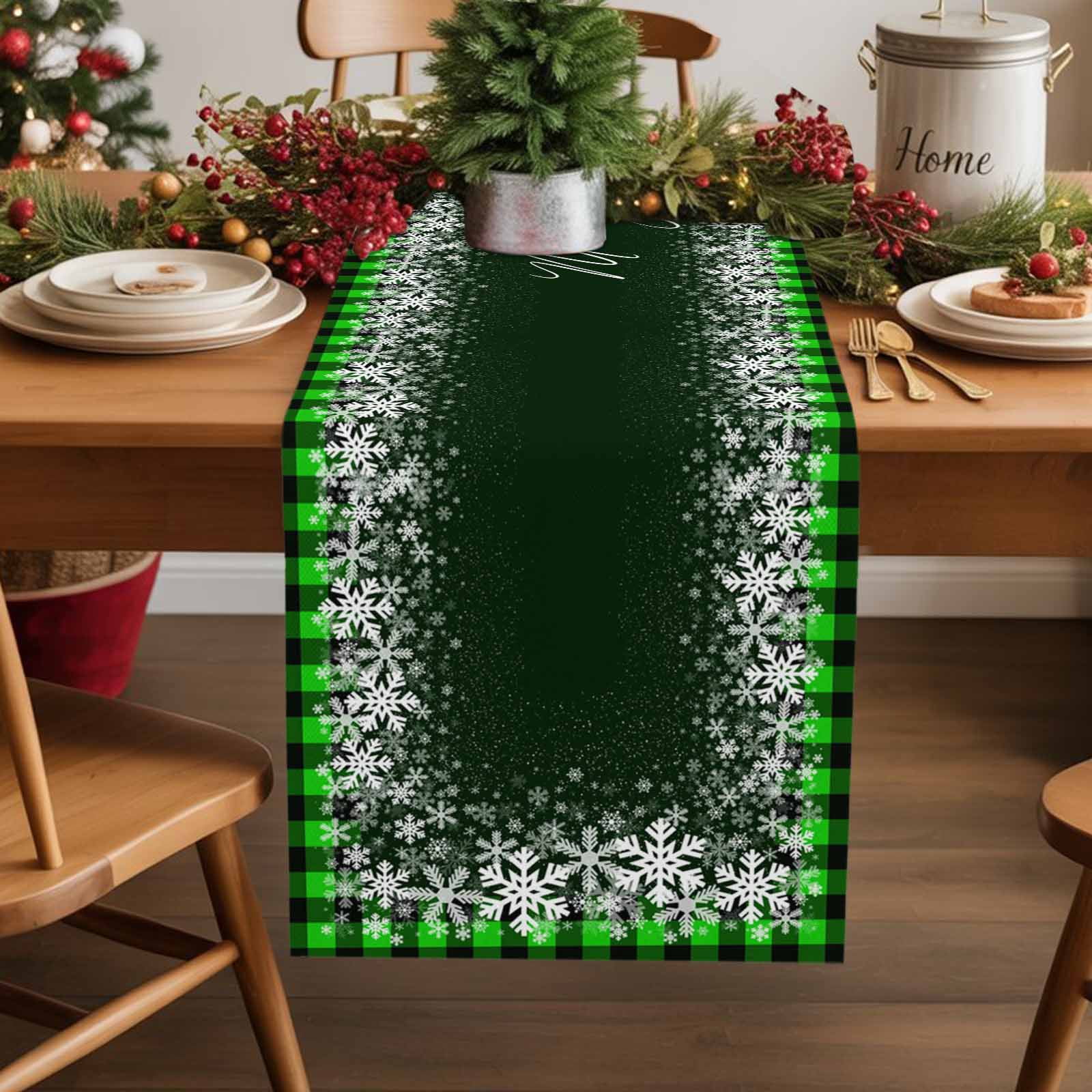 Burlap Table Runner 70 Inches Long,Winter Snowflake Green Black Plaid ...