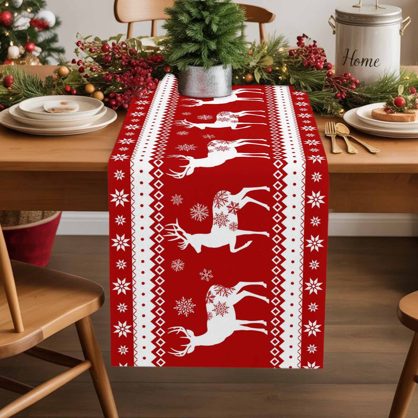 Burlap Table Runner 70 Inches Long,Xmas Reindeer Winter Snow Non-Slip ...
