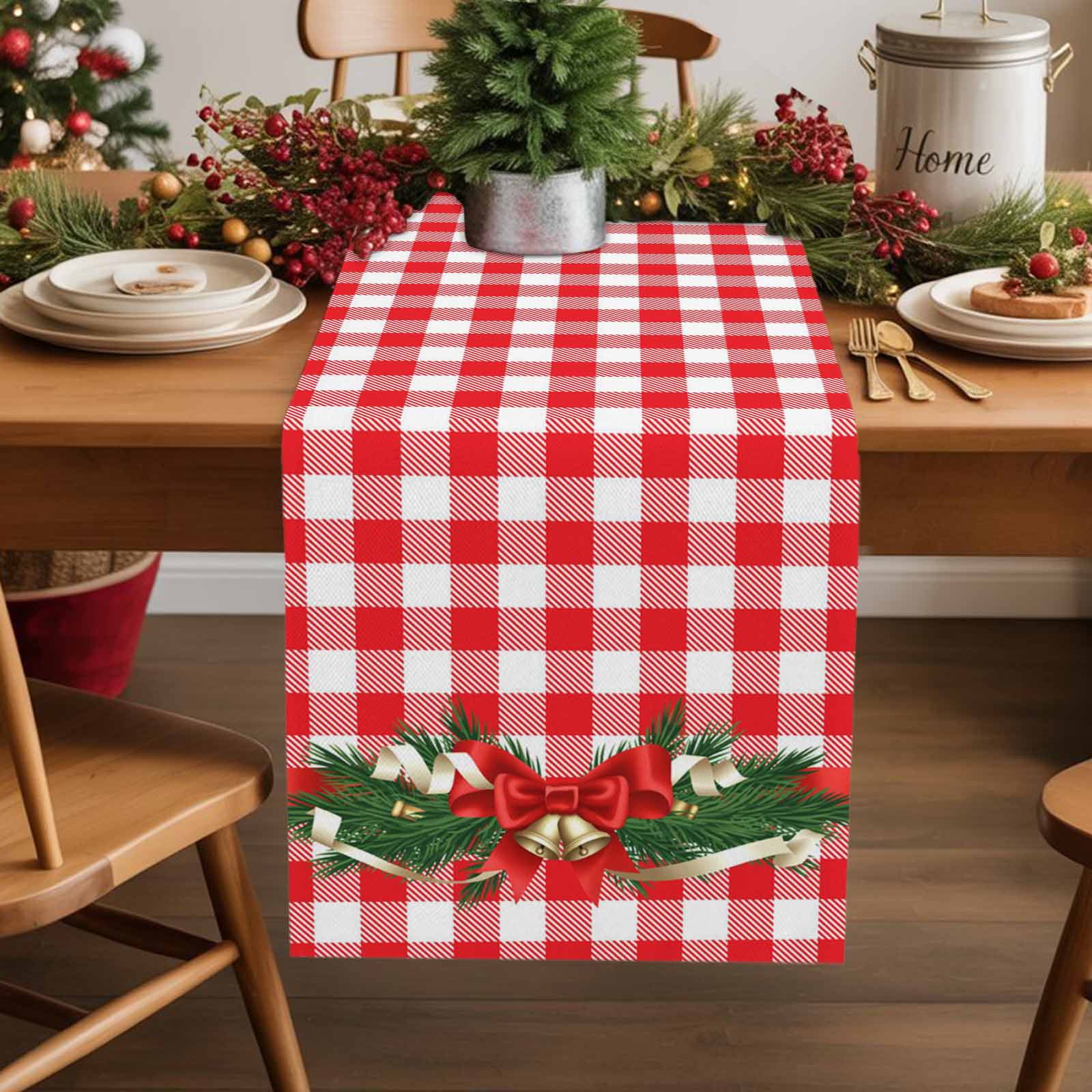 Burlap Table Runner 72 Inches Long,Christmas Bell Buffalo Check Plaid ...