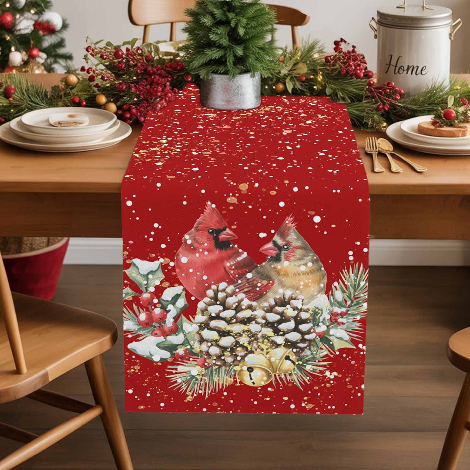 Burlap Table Runner 72 Inches Long,Christmas Cardinal Bird and Pine ...