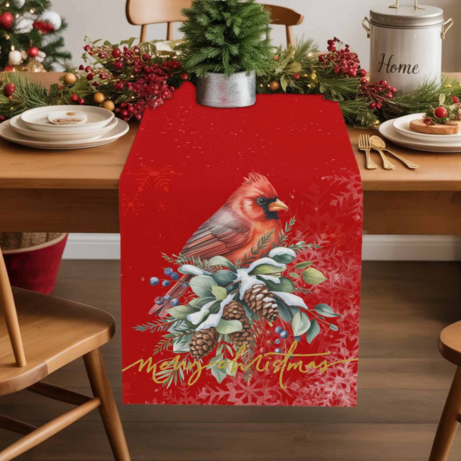 Burlap Table Runner 72 Inches Long,Christmas Pine Cone and Cardinal ...