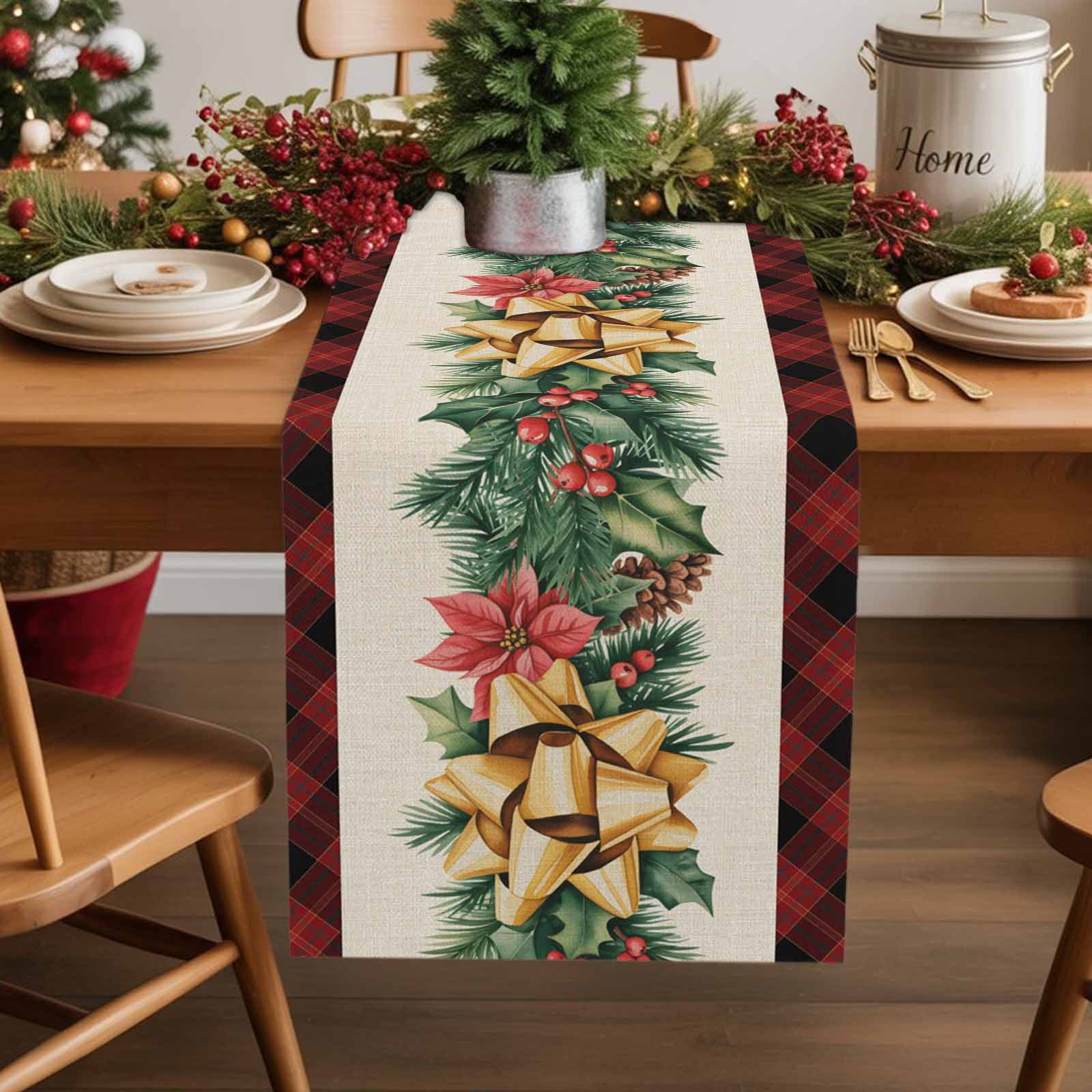 Burlap Table Runner 72 Inches Long,Christmas Pine Needle Flower Berry ...
