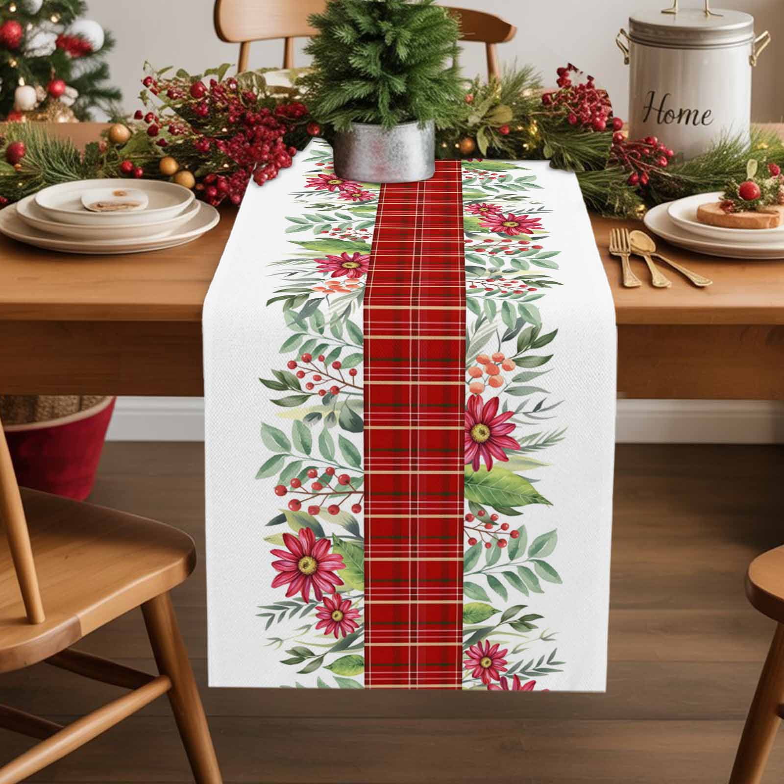 Burlap Table Runner 72 Inches Long,Christmas Red Poinsettia Floral ...