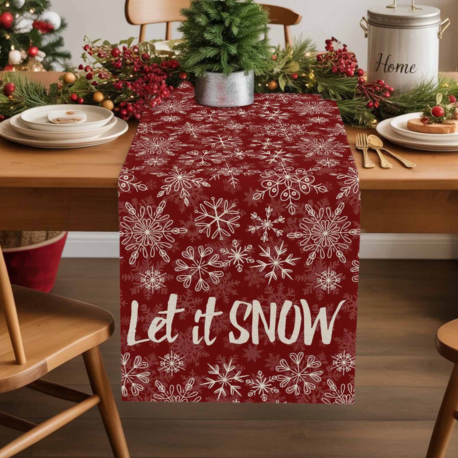 Burlap Table Runner 72 Inches Long,Christmas Snowflake on Dark Red Non ...