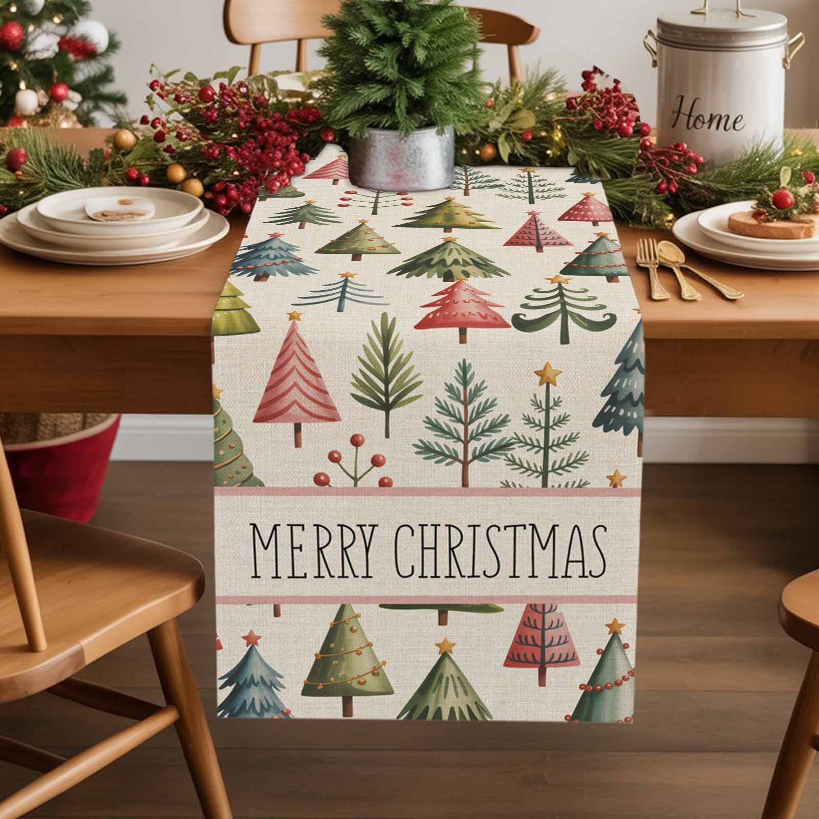 Burlap Table Runner 72 Inches Long,Merry Christmas Colorful Tree Sketch ...