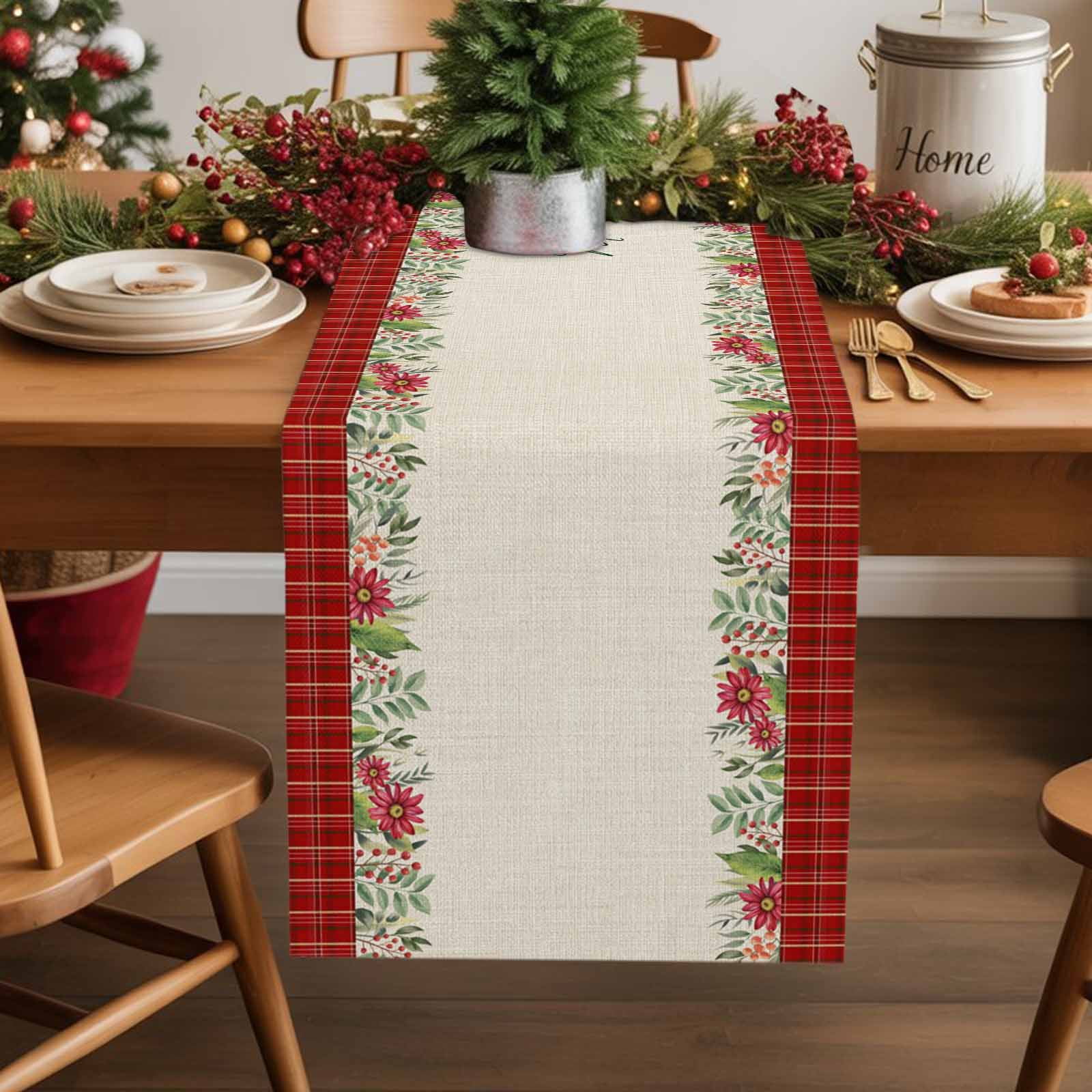 Burlap Table Runner 72 Inches Long,Merry Christmas Poinsettia Red Berry ...