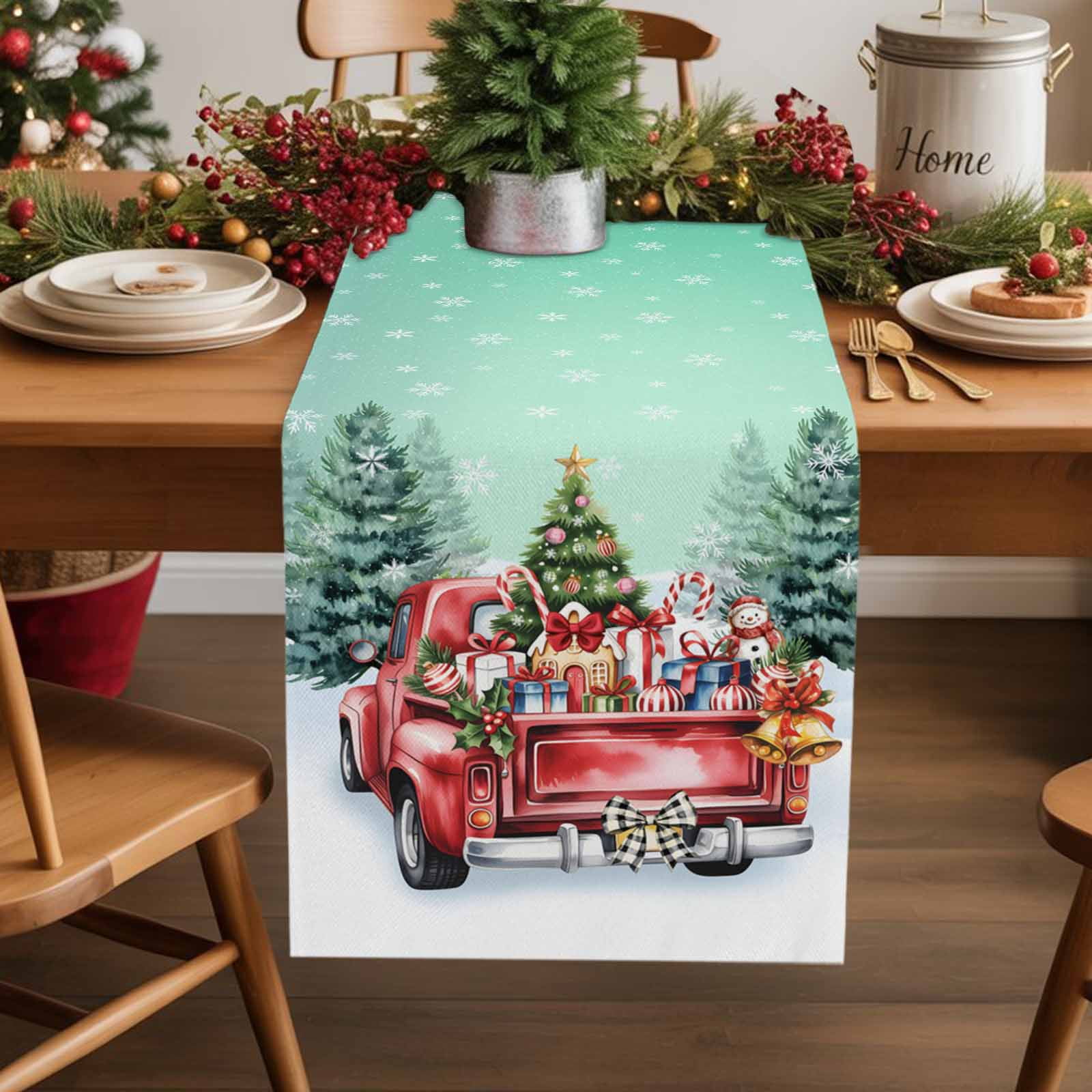 Burlap Table Runner 72 Inches Long,Merry Christmas Tree Red Farm Truck ...