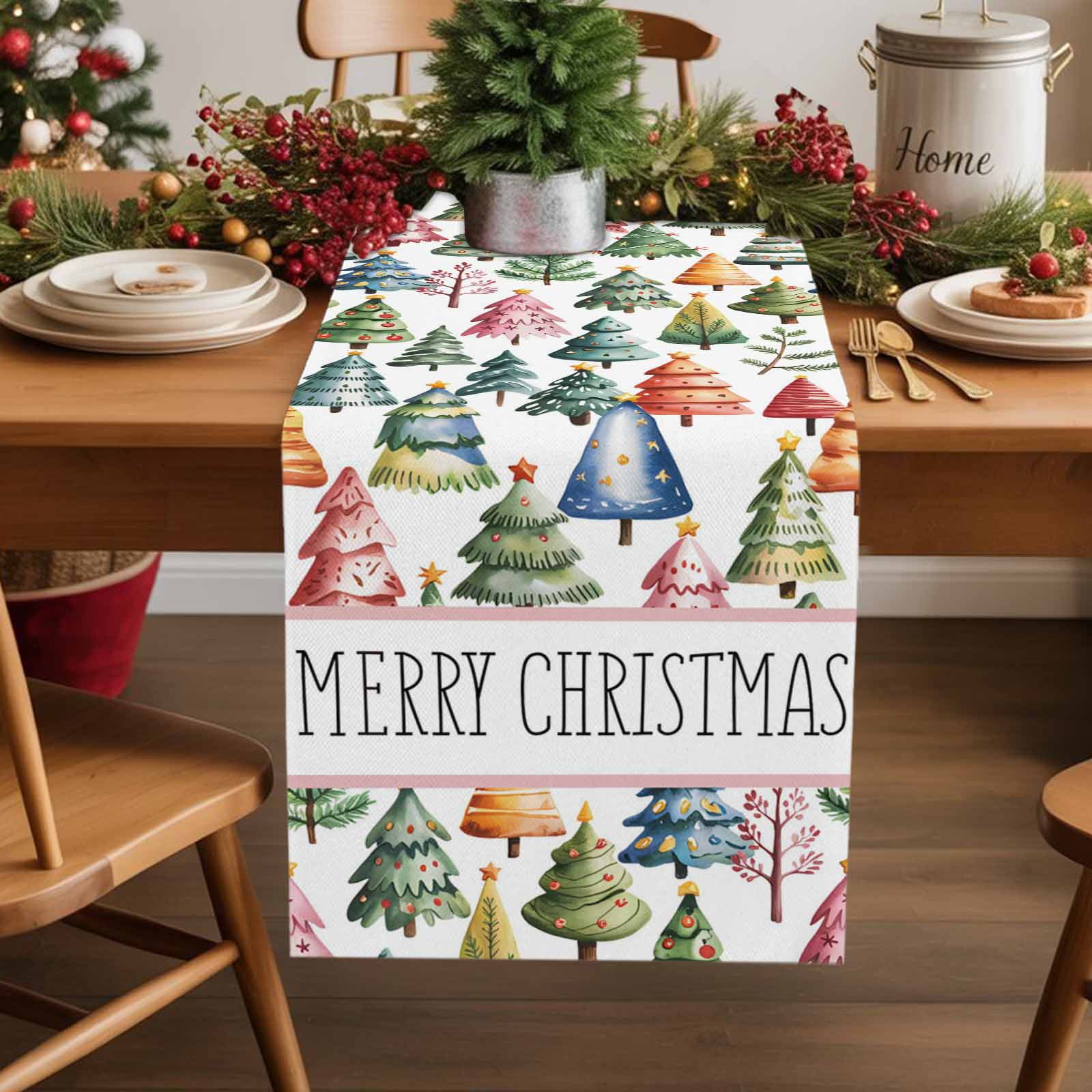 Burlap Table Runner 72 Inches Long,Watercolor Winter Trees Non-Slip ...
