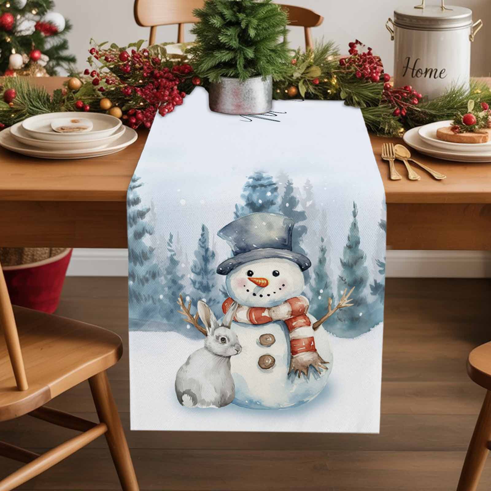 Burlap Table Runner 72 Inches Long,Winter Christmas Tree Forest Snowman ...