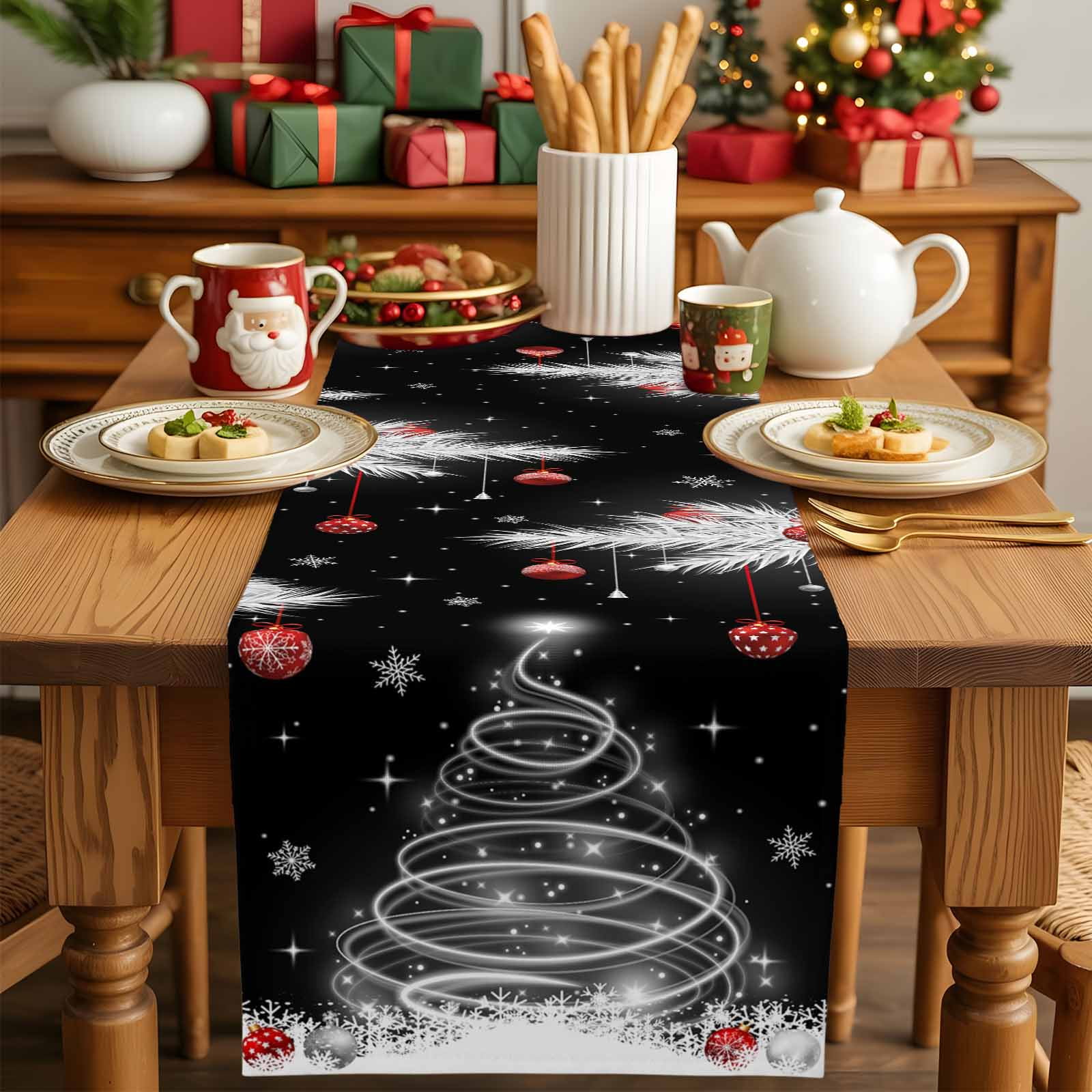 Burlap Table Runner 90 Inches Long,Abstract Christmas Tree Silver Fir ...