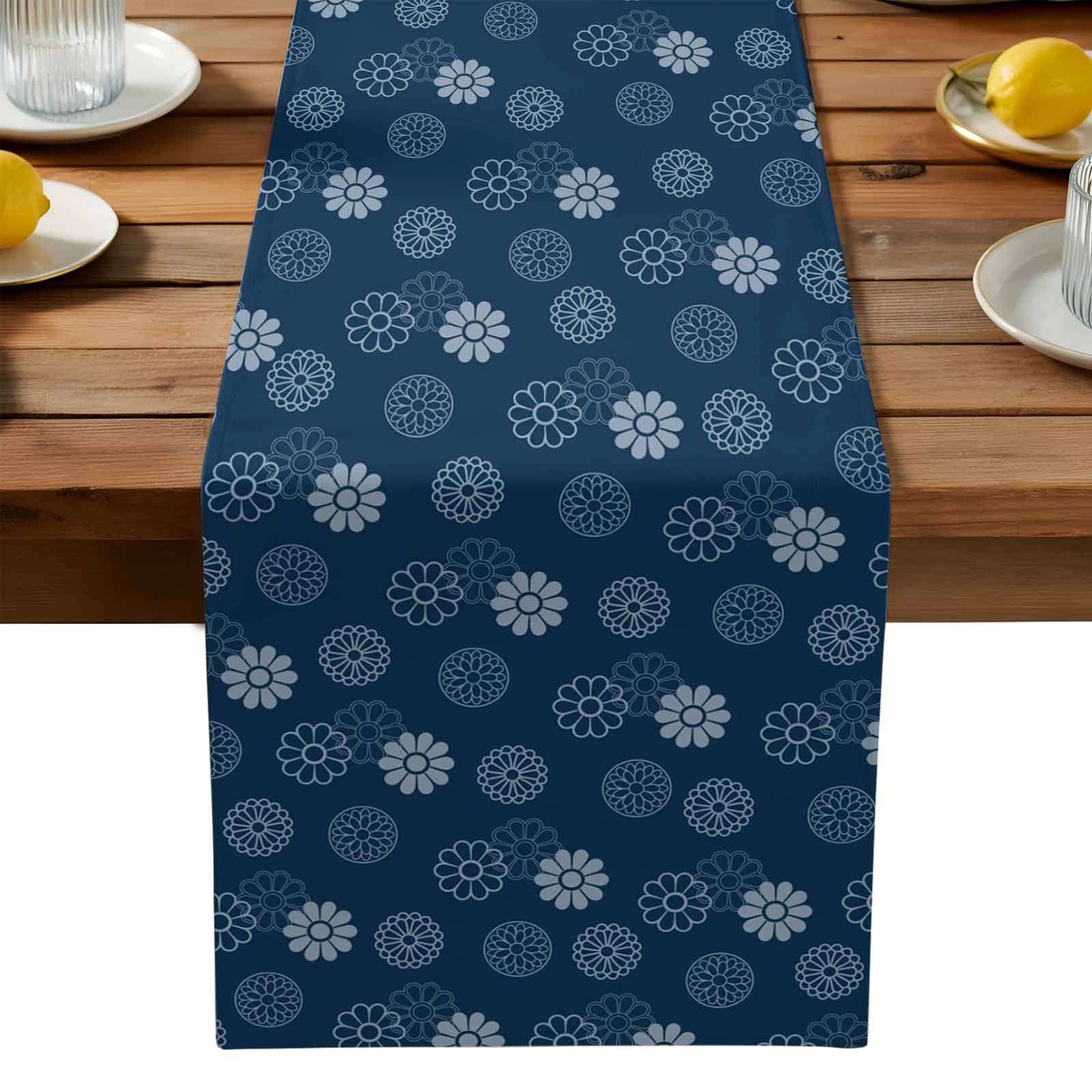 Burlap Table Runner 90 Inches Long, Abstract Flower on Navy Blue Non ...