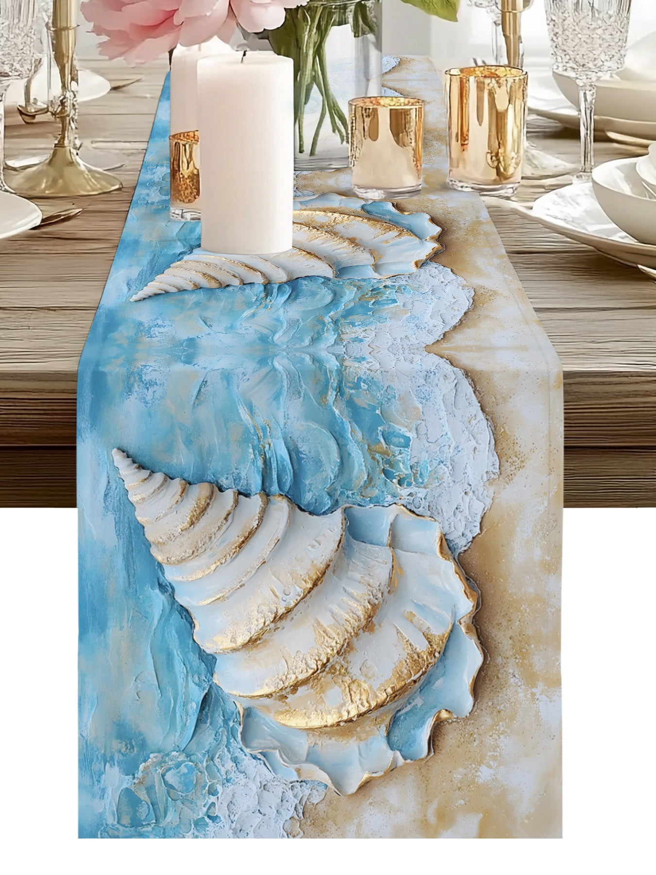 Burlap Table Runner 90 Inches Long, Abstract Ocean Beach Conch Non-Slip ...