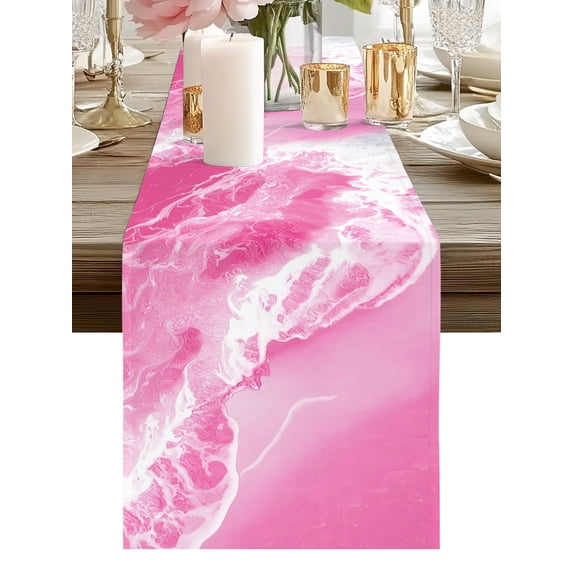 Burlap Table Runner 90 Inches Long, Abstract Pink White Ocean Wave Non ...
