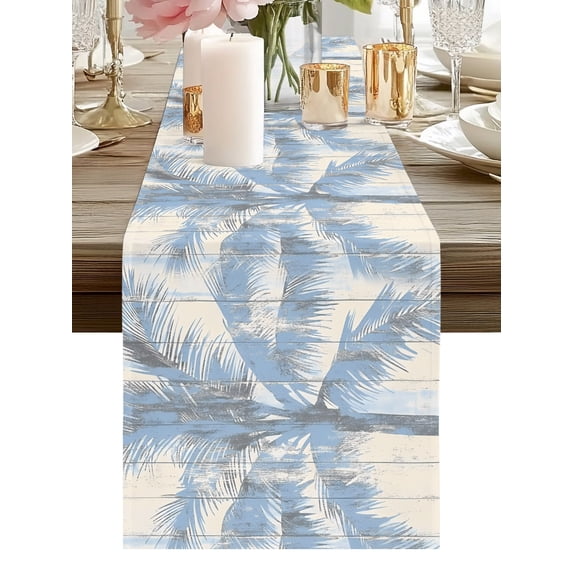 Burlap Table Runner 90 Inches Long, Abstract Plant Blue Palm Tree Non ...