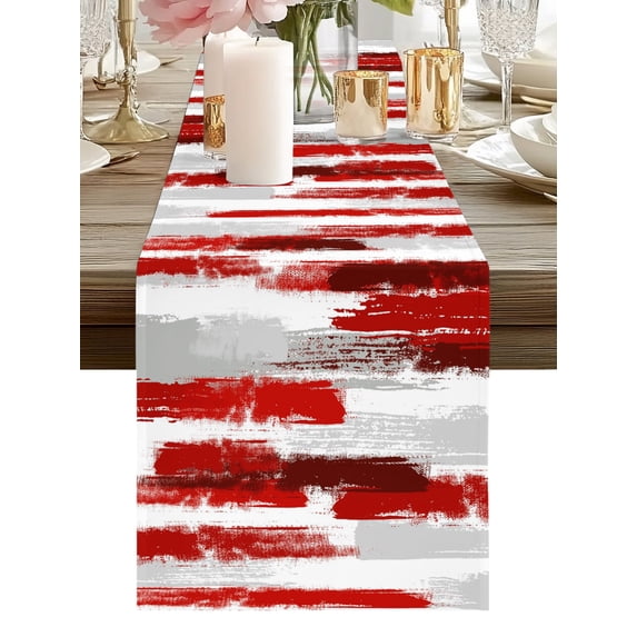 Burlap Table Runner 90 Inches Long, Abstract Red Grey Striped Non-Slip ...