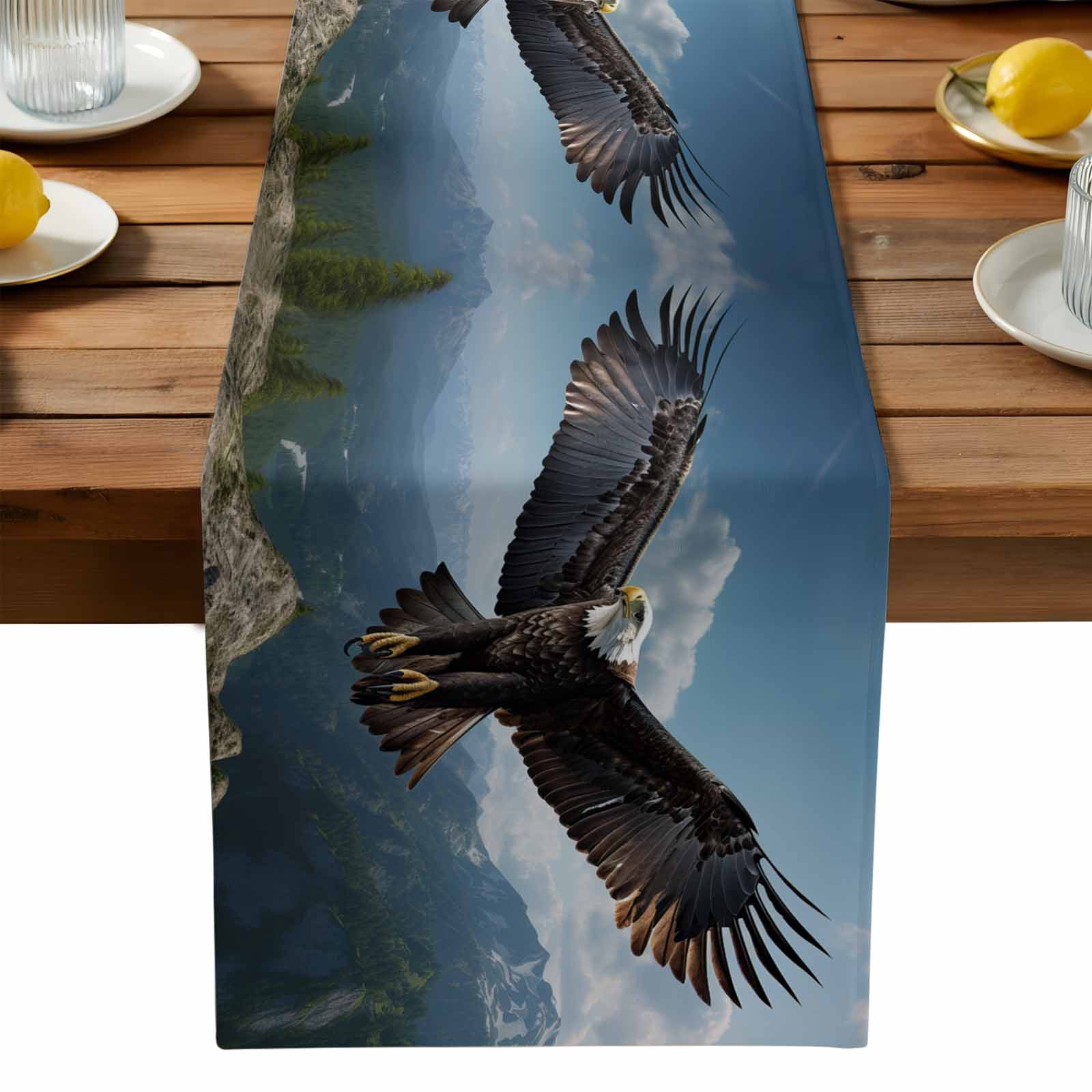 Burlap Table Runner 90 Inches Long,Bald Eagle Soaring Above Mountains ...