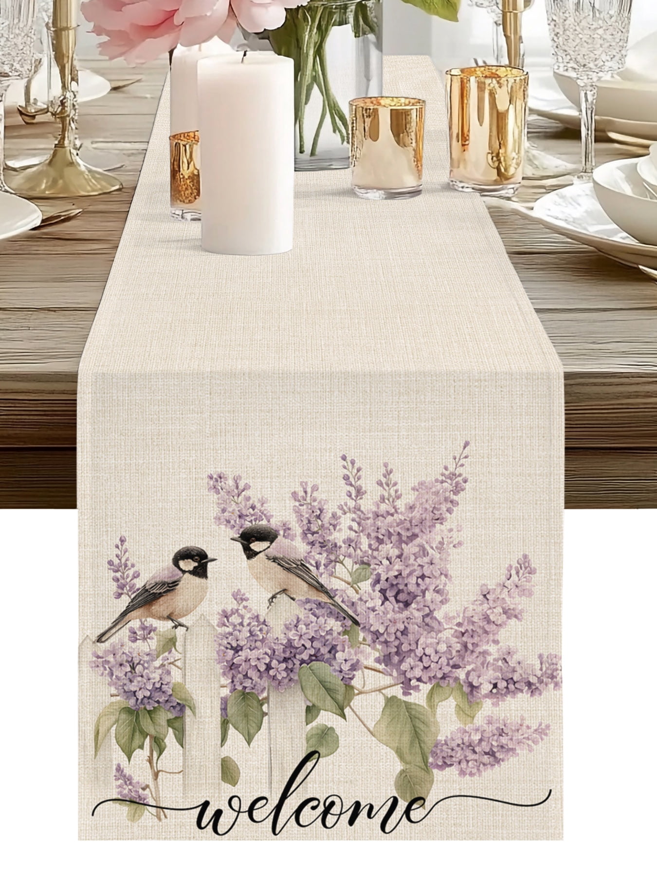 Burlap Table Runner 90 Inches Long, Bird Lavender Flowers Non-Slip ...