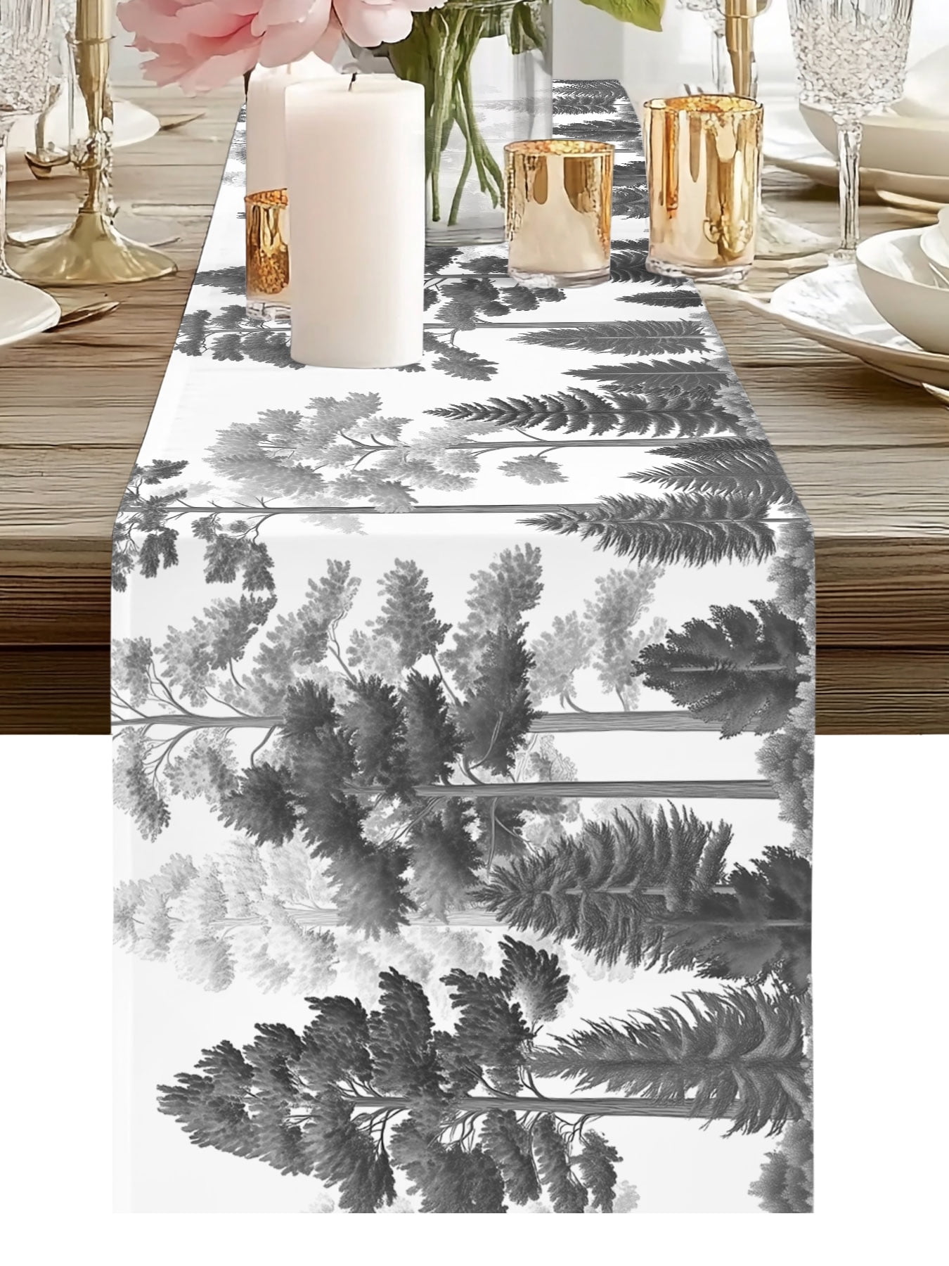 Burlap Table Runner 90 Inches Long, Black Gray Pine Tree Forest Maple ...